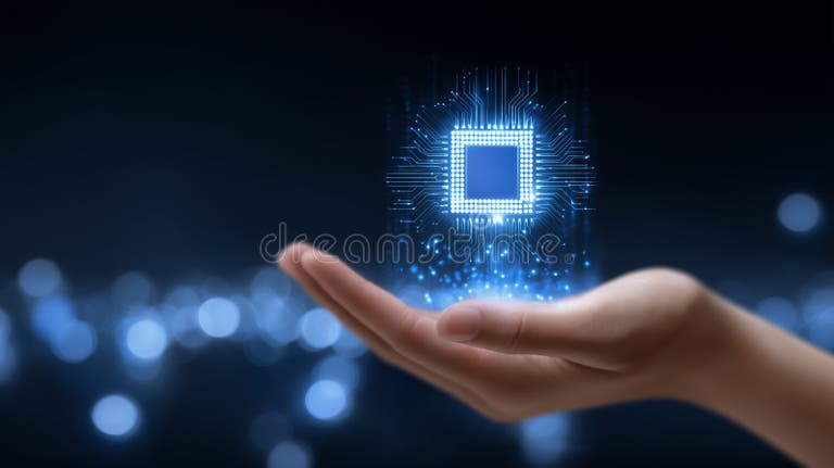 AI Chip Hovers Above Hand-shaped Platform Made of Data, Representing ...