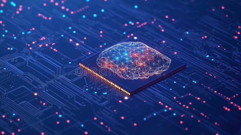 An AI Chip Integrates into an Abstract Brain Design, Set Against a Dark ...