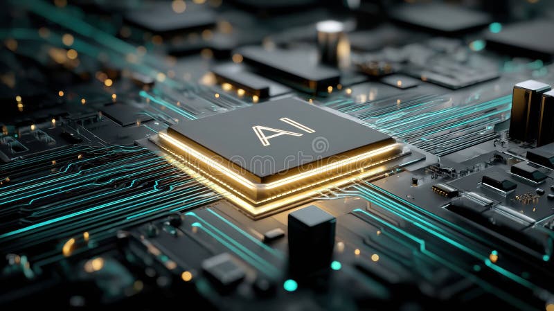 AI Chip Mounted on Motherboard with Illuminated Edges Displaying Advanced Technology in ...
