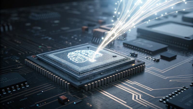 AI Chip with Neural Network Data Streams Stock Illustration - Illustration of intelligence ...