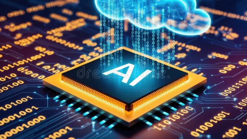 AI Chip Surrounded by Dynamic Binary Code Streams Flowing into Holographic Cloud Interface ...