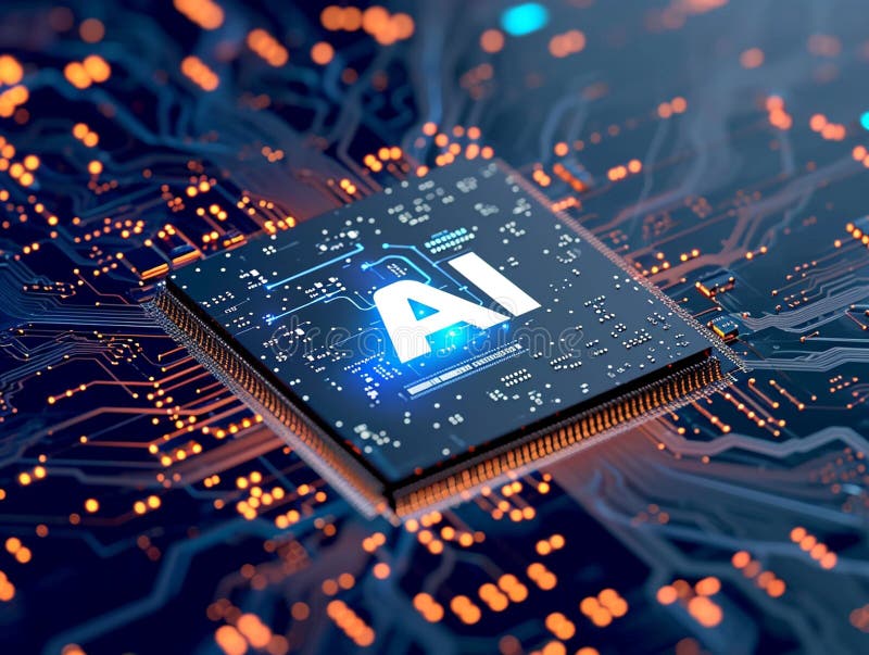 AI Chipset on a Circuit Board with Glowing Lines Stock Illustration ...