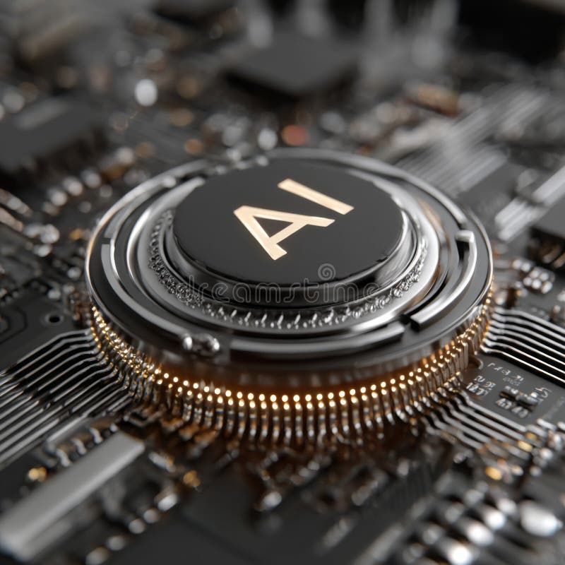 AI Circuit Board Close Up, Glowing Metallic Component Stock ...