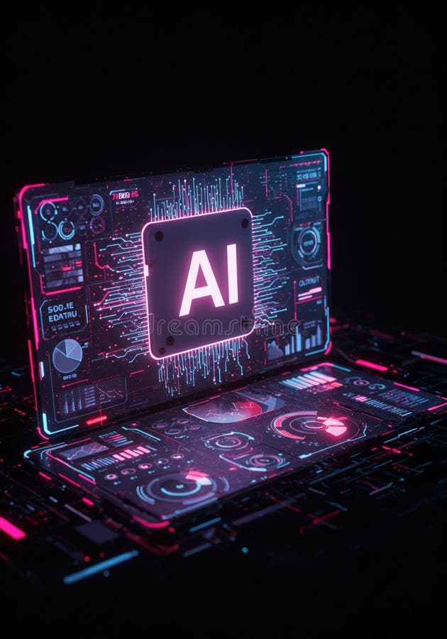 AI Circuit Board with Neon Glow in Dark Background Stock Illustration ...