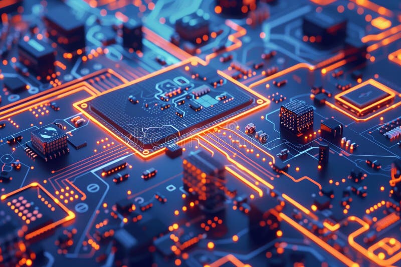AI, Circuit Board with Orange Light Stock Illustration - Illustration ...