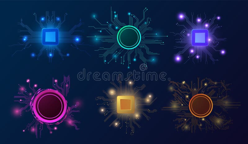 AI Circuit Boards Vector Set, Artificial Intelligence Microchip Core, Central Computer ...