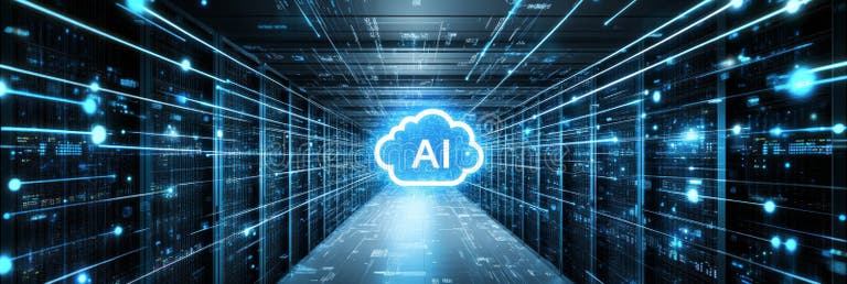 AI Cloud Computing in Futuristic Data Center. Digital Information Flow ...