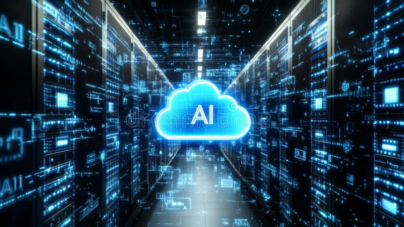 AI Cloud Computing Modern Data Center with Glowing Cloud Icon Symbolizing Artificial ...