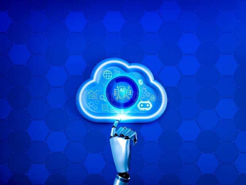 AI Cloud Computing Technology, Smart Security Data System Storage Service Concept. Robot Hand ...