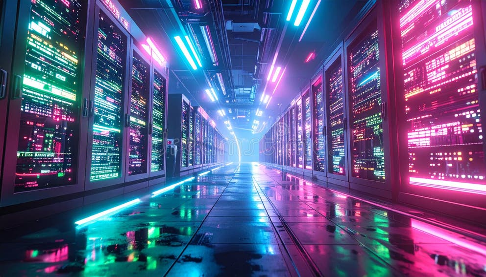 AI Code Lines Projected on Dark Server Room Wall. AI Themed Background. Generated Image Stock ...