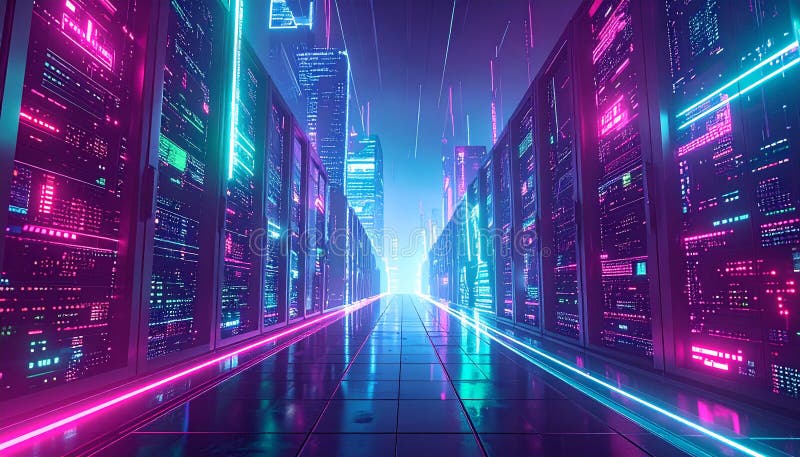 AI Code Lines Projected on Dark Server Room Wall. AI Themed Background ...