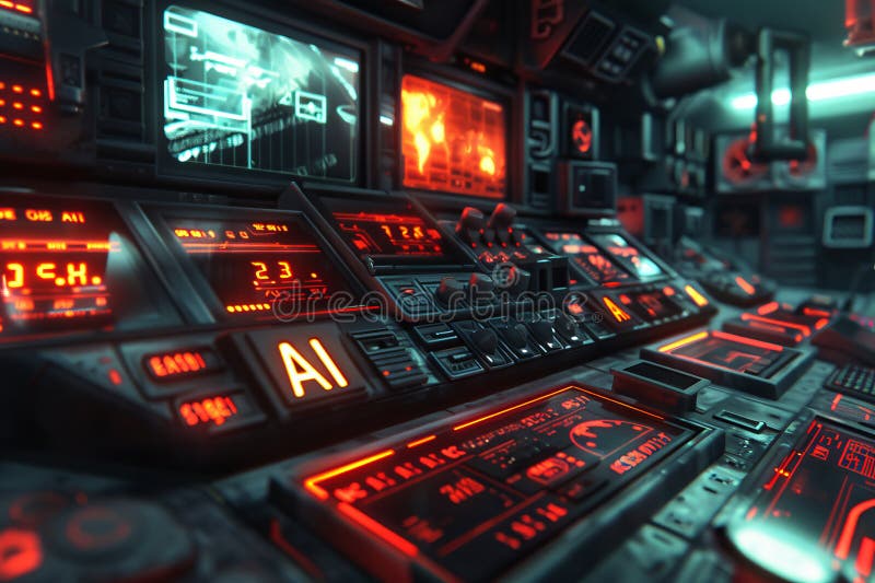 AI Command Center with Glowing Screens, Representing Modern Technology ...