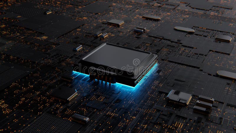 Computer Chip Processor on Motherboard Glows Blue. Artificial ...