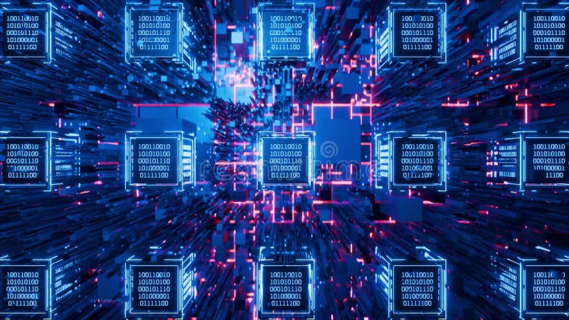 AI Concept. Binary Code. Digital Technology. Camera Zoom Out from Binary Code Cube. Hacker ...