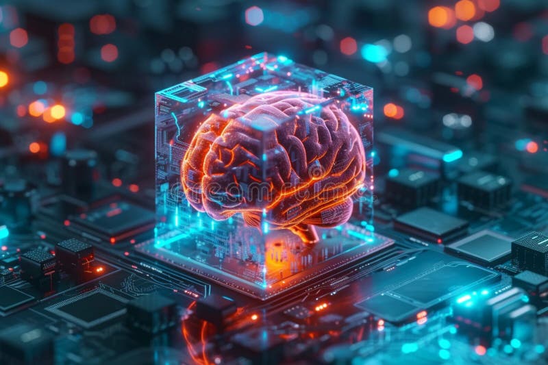 AI Concept Brain Encased in Transparent Cube on Microchip Circuitry ...