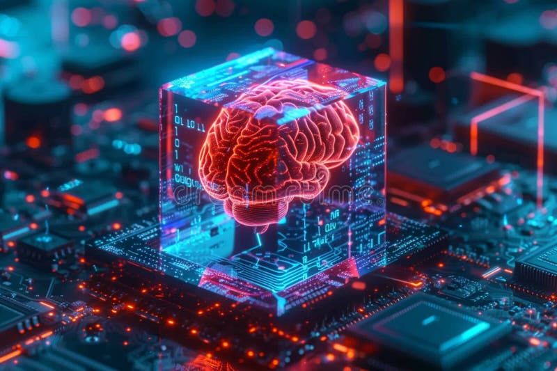 AI Concept Brain Encased in Transparent Cube on Microchip Circuitry ...
