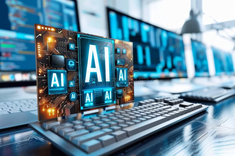 AI Concept with Digital Interface on Multiple Screens in Modern Office ... AI Concept with Digital Interface on Multiple Screens in Modern Office ...