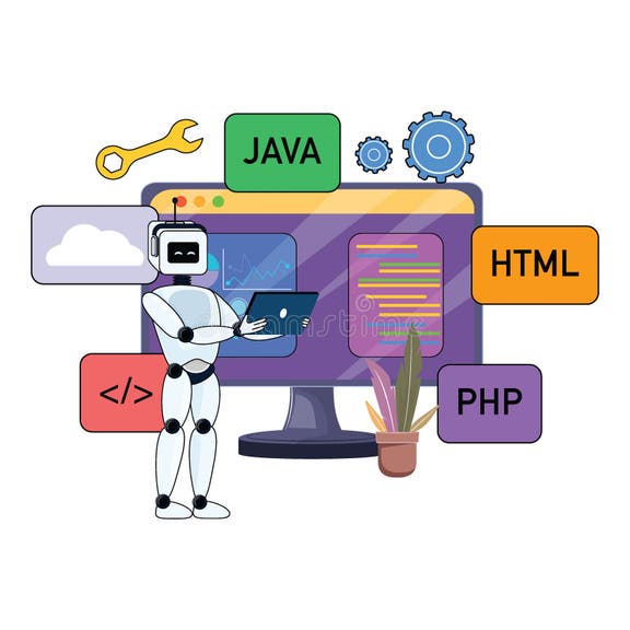 AI Concept with Humanoid Robot Programming. Monitor Displays Graphs, Data, Coding Languages, and ...