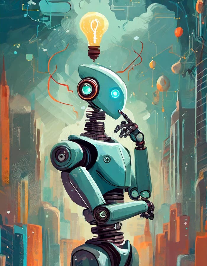 AI Concept, Humanoid Robot Thinking Stock Illustration - Illustration ...