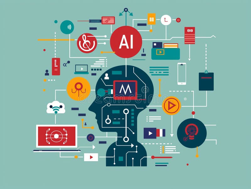 AI Conceptual Illustration with Technology Icons Stock Illustration ...