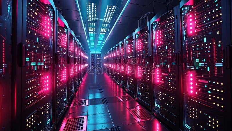 AI Content Generation. AI Strength in Processing Shown in Server Room ...