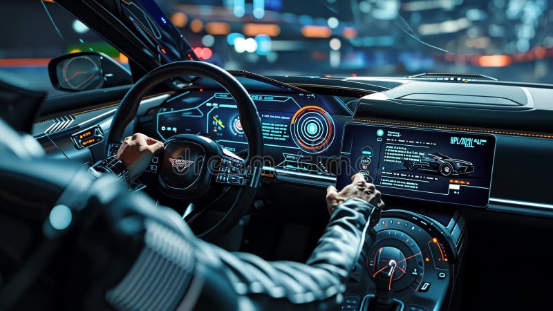 AI Content Generation. Futuristic Car with Driver Talking To AI Virtual ...