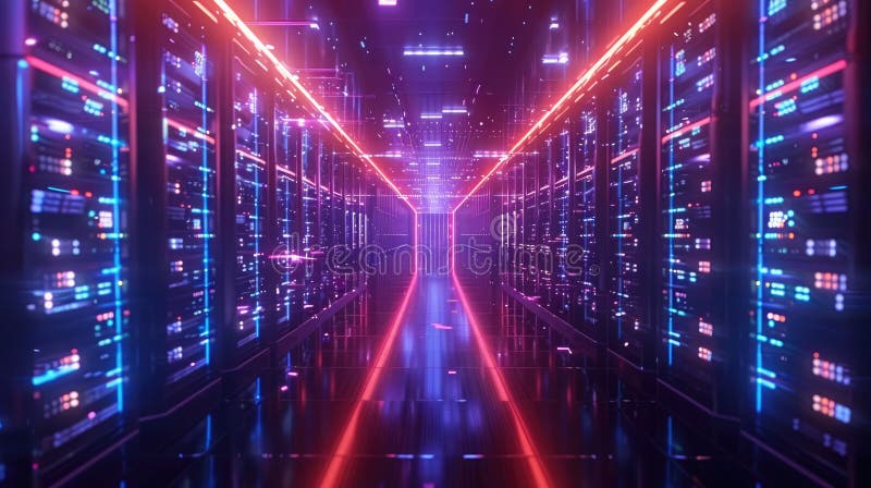 AI Content Generation. Rows of Computers in Server Room, Showcasing AI ...