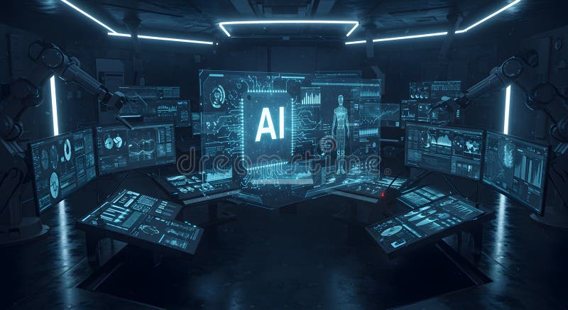 AI-Controlled Futuristic Command Center Stock Illustration ...
