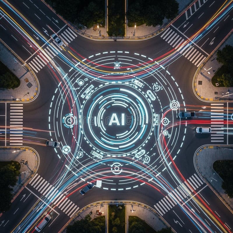 AI Controlled Futuristic Smart City Intersection with Neon Trails and ...