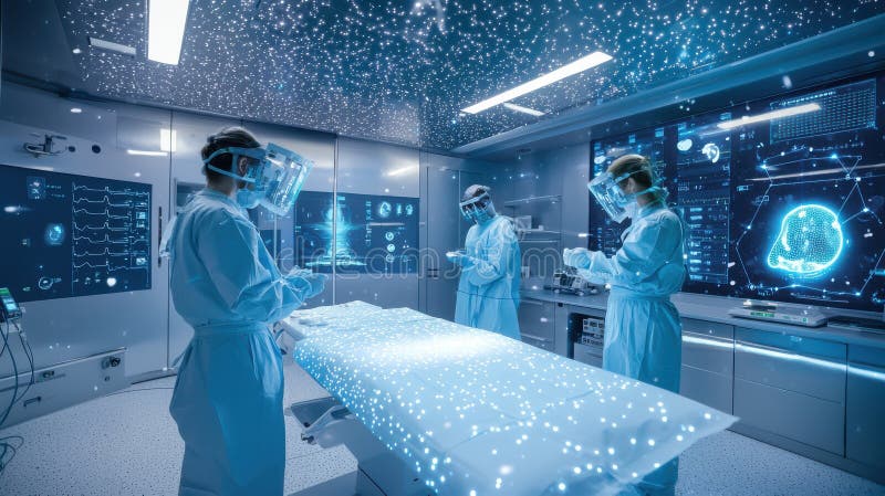 Futuristic Operating Room: Surgeons with Holographic Interfaces Stock ...