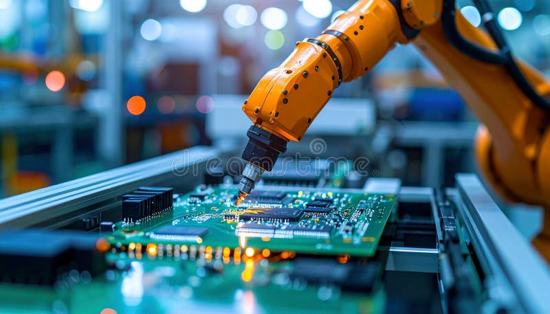AI Controlled Robotic Arm Working on Circuit Board. AI Themed ...