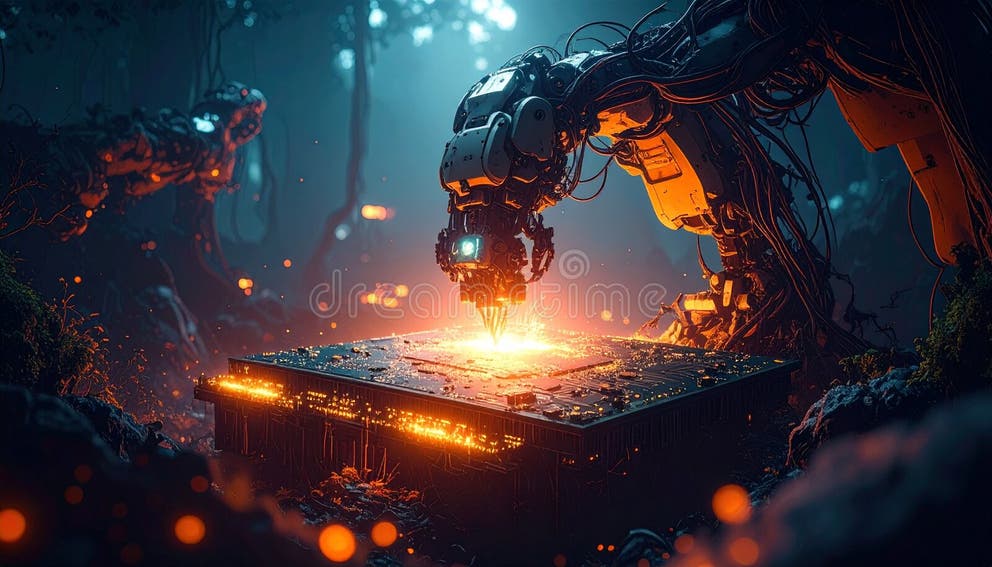 AI Controlled Robotic Arm Working on Circuit Board. AI Themed ...