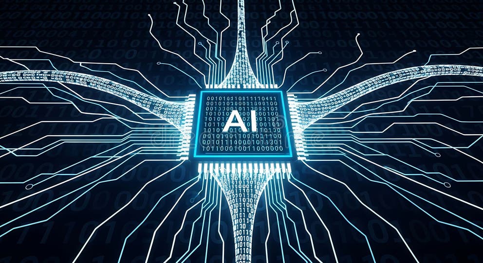 AI Core: Binary Code and Circuitry in Electric Blue Glow Stock Illustration - Illustration of ...