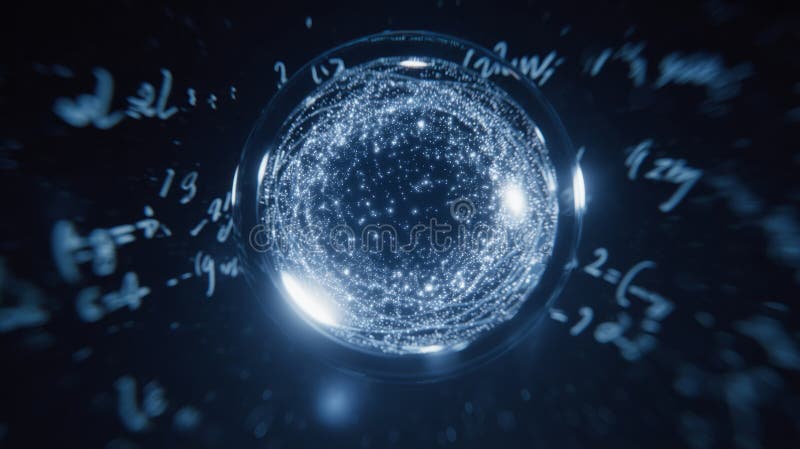 AI Core Floating Inside Glass Sphere, Surrounded by Orbiting Light ...