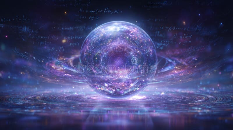 AI Core Floating Inside Glass Sphere, Surrounded by Orbiting Light ...