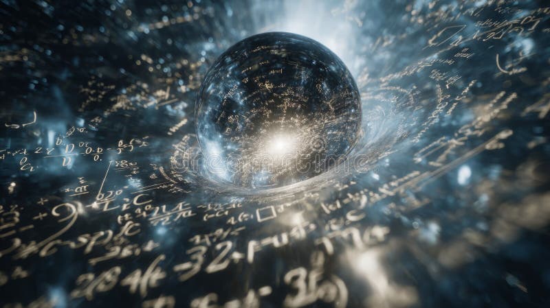 AI Core Floating Inside Glass Sphere, Surrounded by Orbiting Light Particles and Math Equations ...