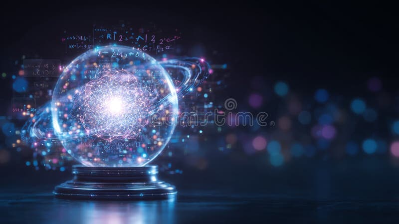 AI Core Floating Inside Glass Sphere, Surrounded by Orbiting Light ...