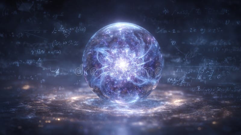 AI Core Floating Inside Glass Sphere, Surrounded by Orbiting Light ...
