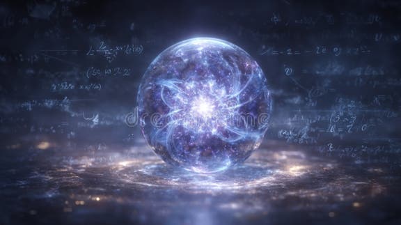 AI Core Floating Inside Glass Sphere, Surrounded by Orbiting Light ...