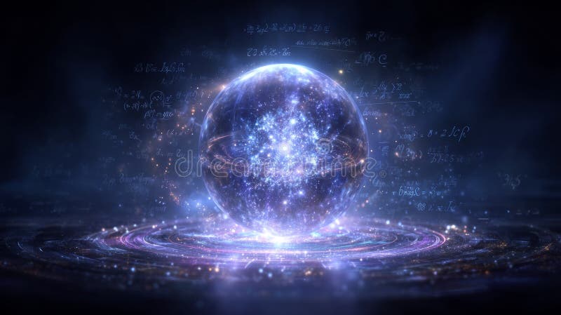 AI Core Floating Inside Glass Sphere, Surrounded by Orbiting Light ...