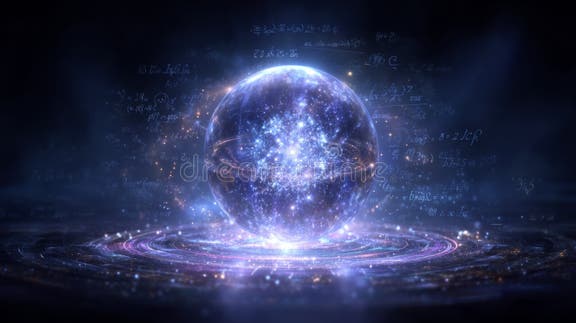 AI Core Floating Inside Glass Sphere, Surrounded by Orbiting Light ...