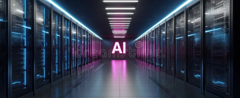 The AI Corridor Illuminated by Neon Lights in a High-Tech Data Center ...