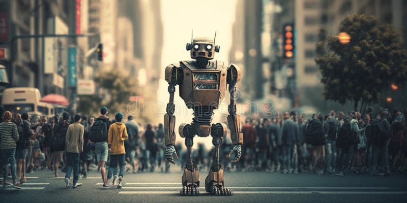 AI Created Lost Robot, Walking in a Busy City. Stock Illustration - Illustration of artificial ...