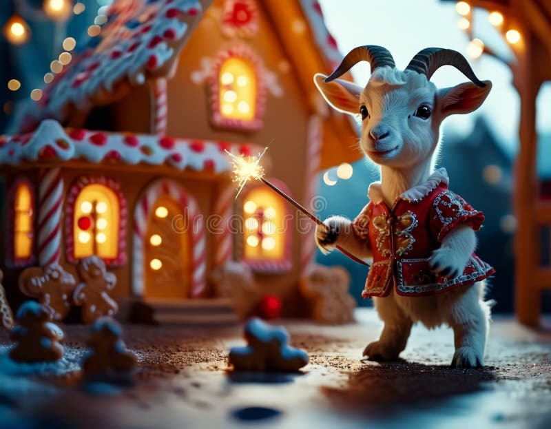 Small Goat Holding Sparkle Stick in Front House Stock Illustration ...