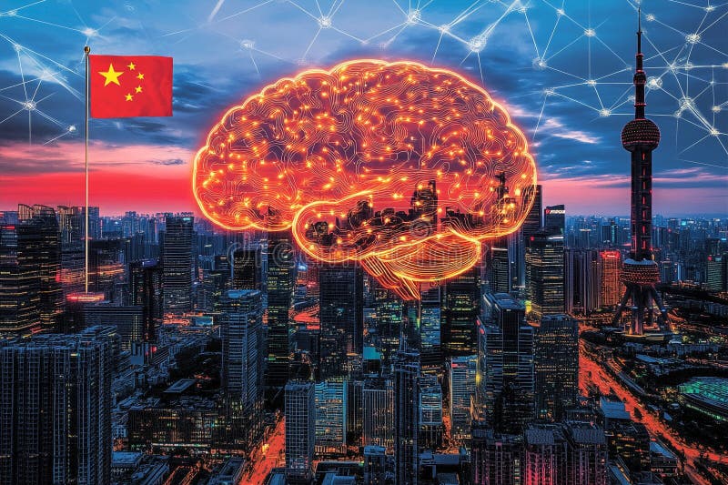 AI Creative Artificial Intelligence Icon on Flag of China and Sunset ...