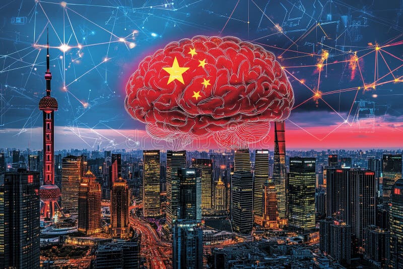 AI Creative Artificial Intelligence Icon on Flag of China and Sunset ...