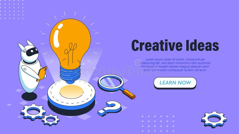 AI Creative Ideas Poster. Robot with Large Light Bulb. Artificial ...