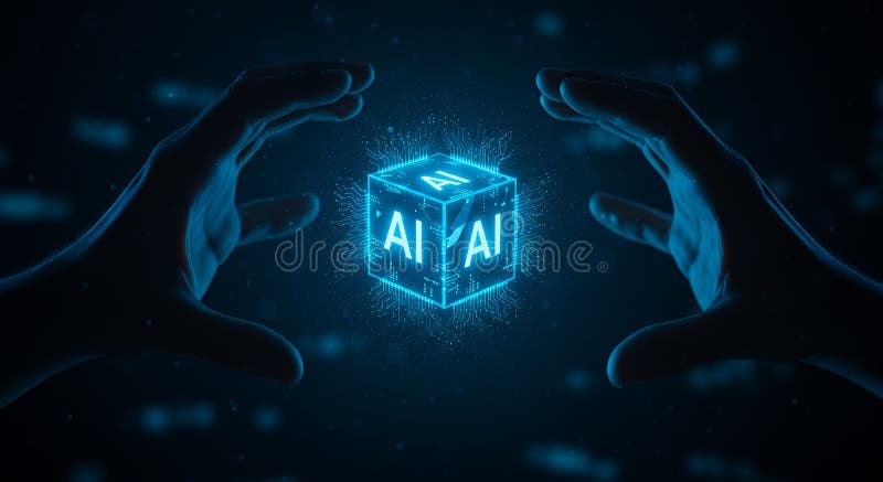AI Cube: Human Hands Grasping Futuristic Artificial Intelligence ...