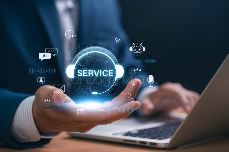 AI Customer Service Support System Concept. Businessman Presenting ...