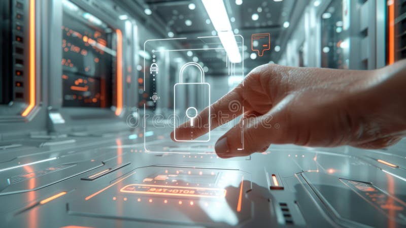 AI Cyber Security, Close-up of a Finger Against a Scanner, Triggering a Hologram Lock Icon that ...